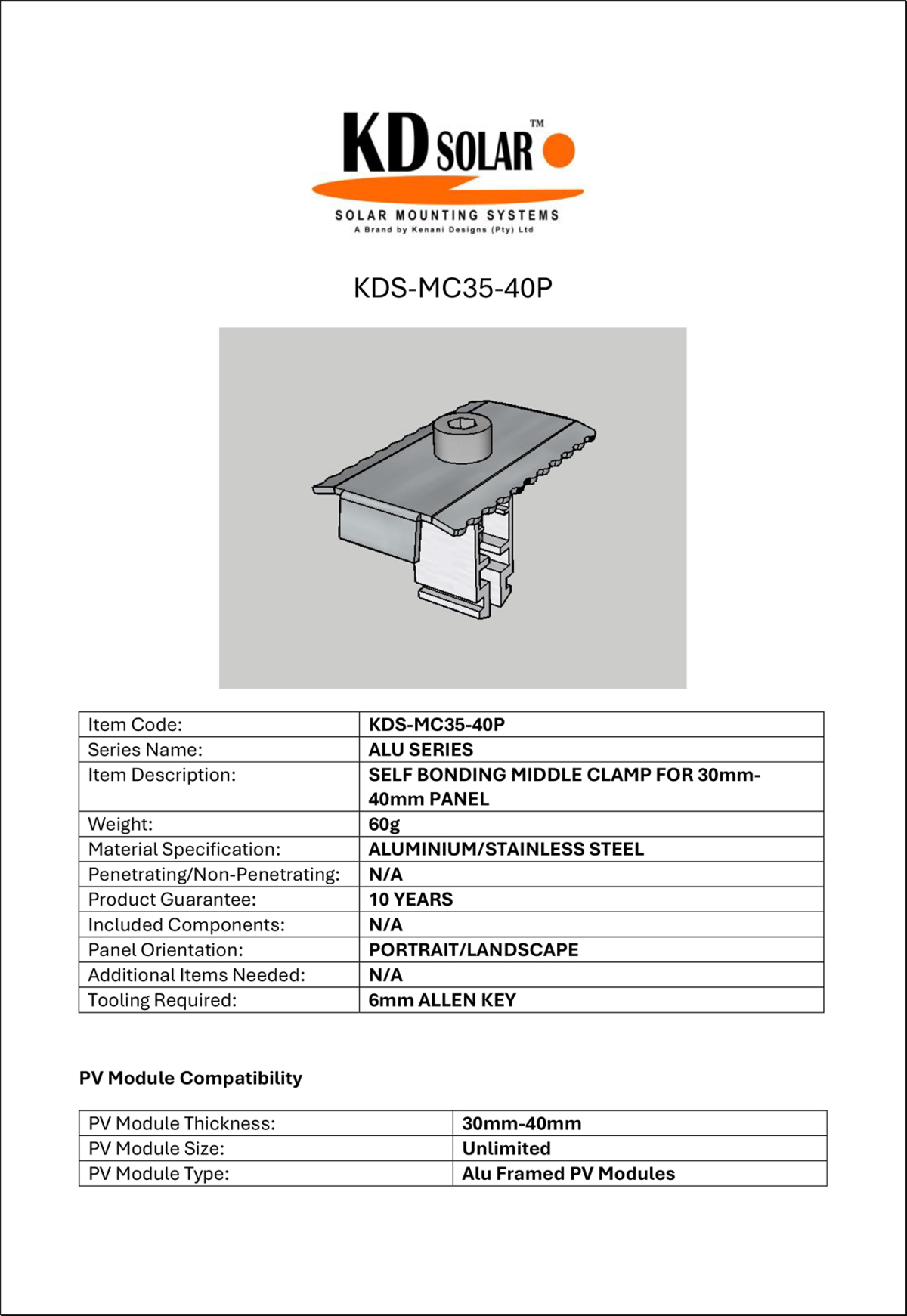 KD SOLAR KDS-MC35-40P MIDDLE CLAMP | BEST PRICES