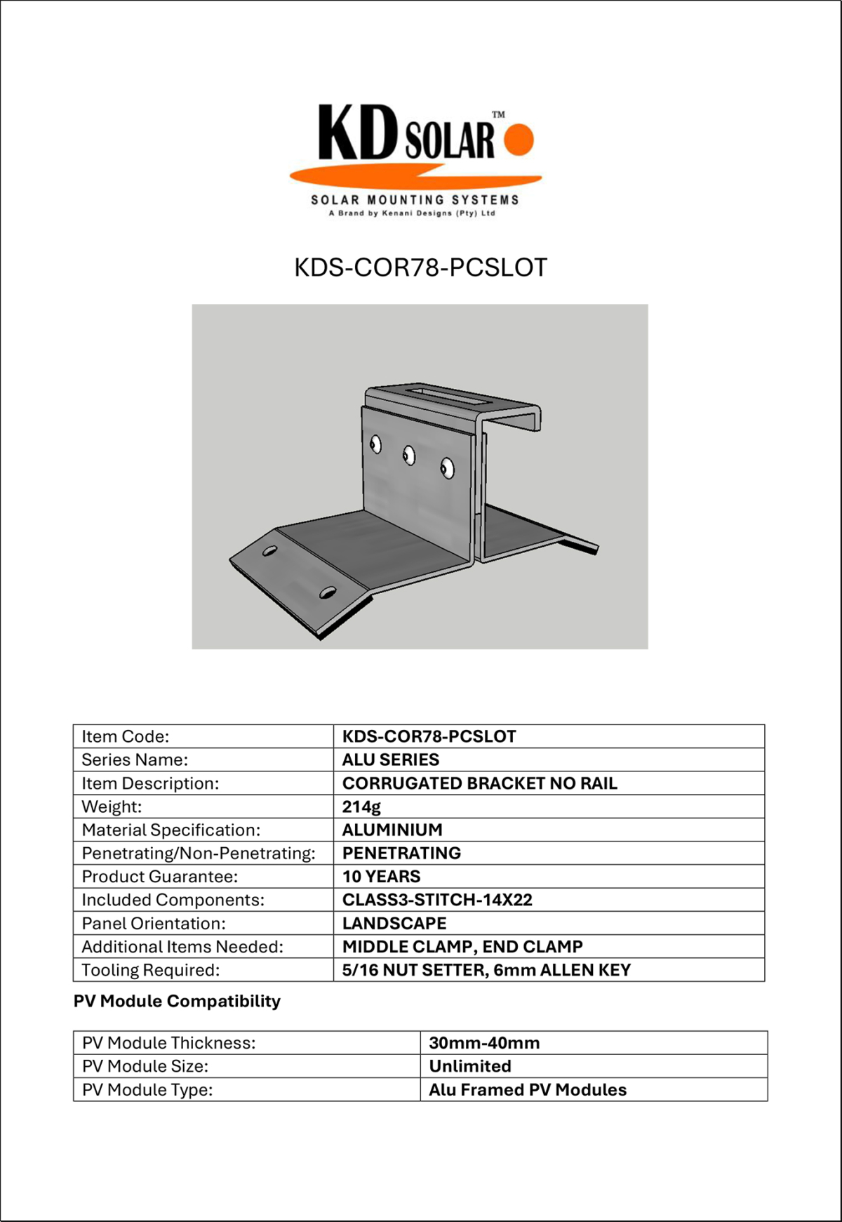 KD SOLAR KDS-COR78-PCSLOT CORRUGATED ROOF BRACKET